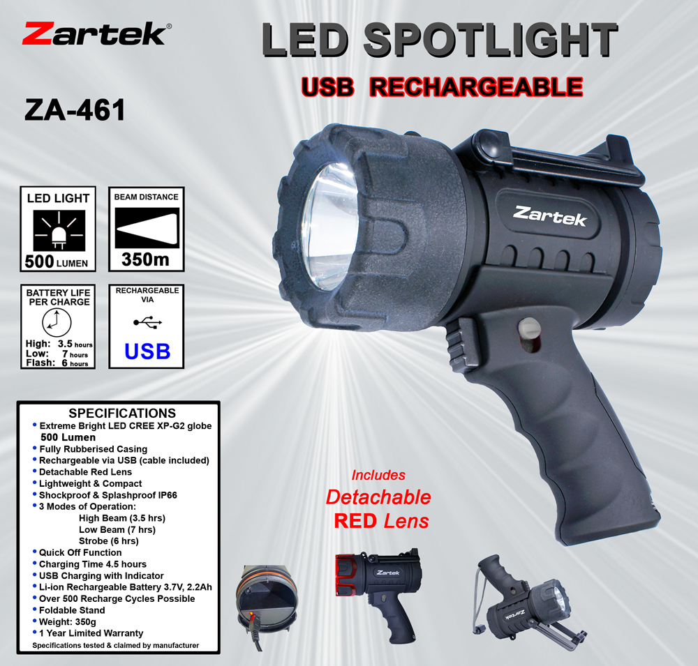 Zartek USB Rechargeable LED Spotlight Torch from FTS Safety